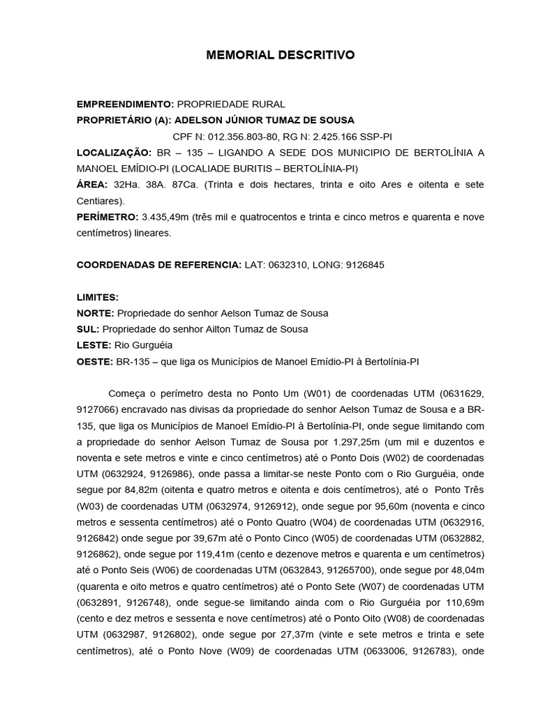 Memorial Descritivo Adelson Tumaz e Familia - Cerrado | PDF
