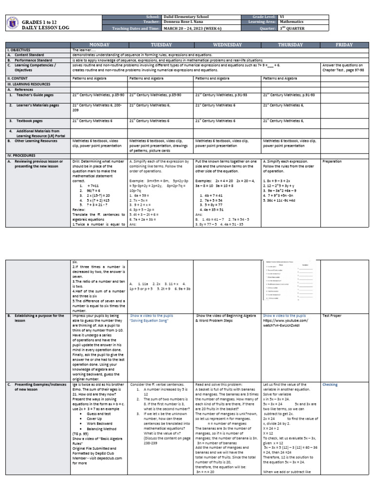 Mathematics DLL | PDF | Teaching Methods & Materials