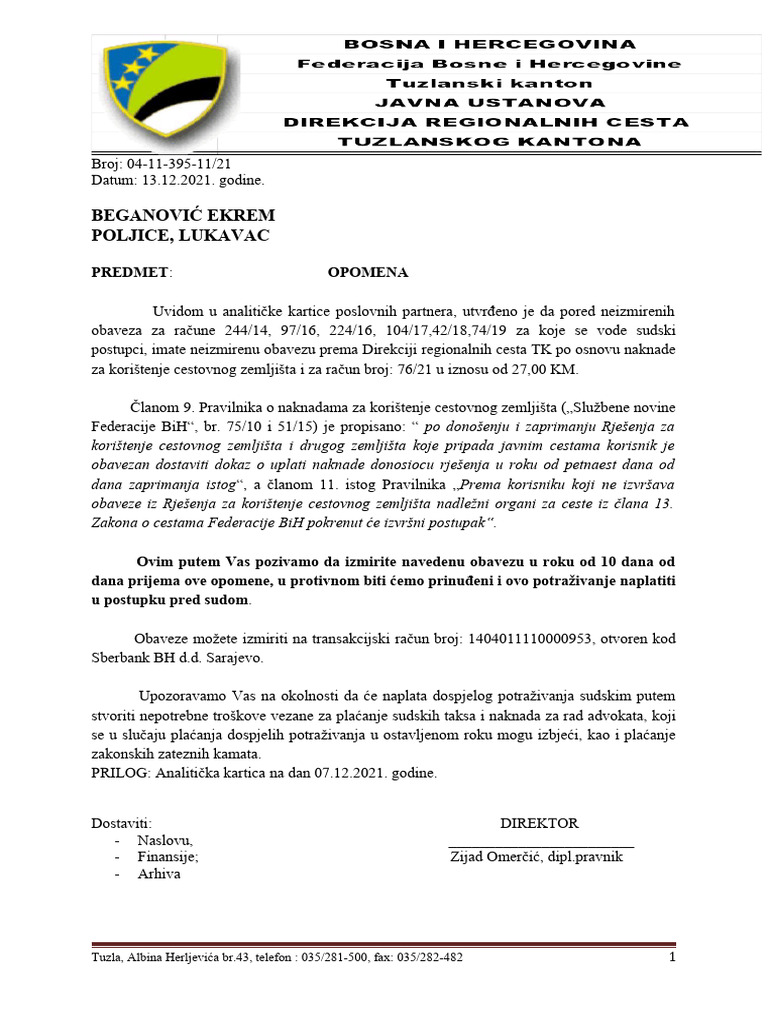 Beganović Ekrem 2021. Opomena | PDF