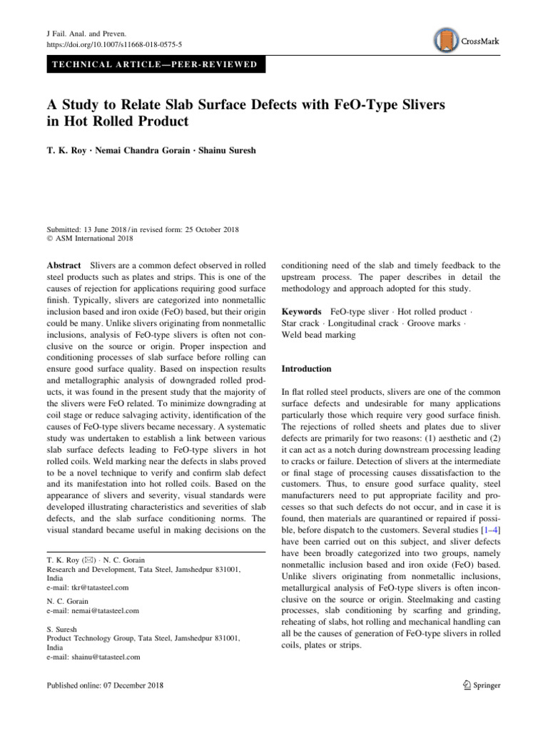 A Study To Relate Slab Surface Defects With Feo-Type Slivers in Hot ...