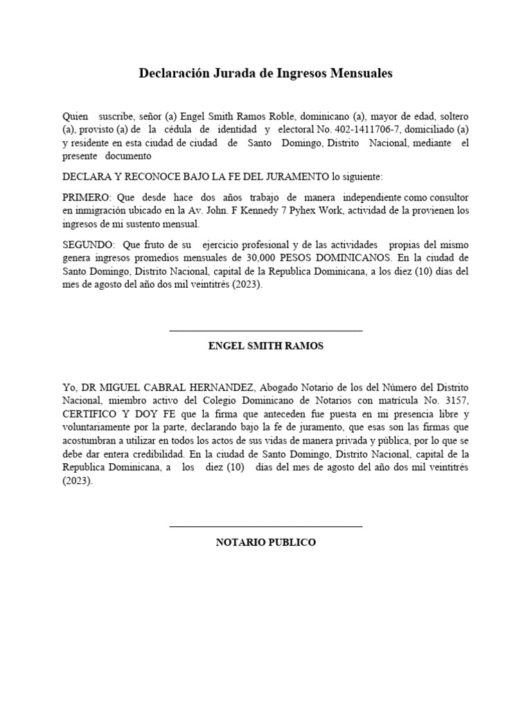 Declaración Jurada de Ingresos Mensuales | PDF