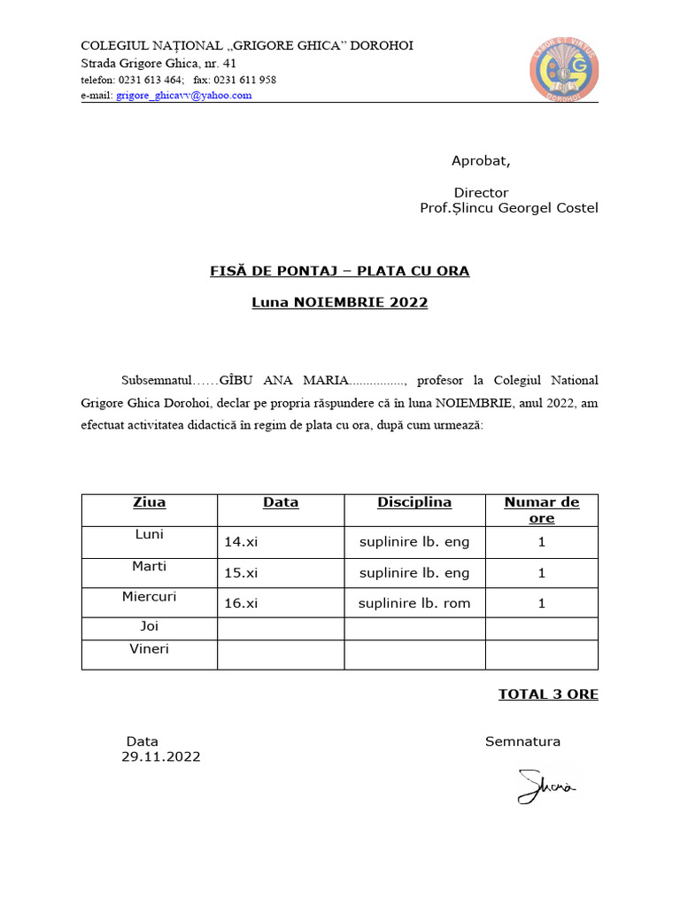 Fise Pontaj Plata Cu Ora | PDF