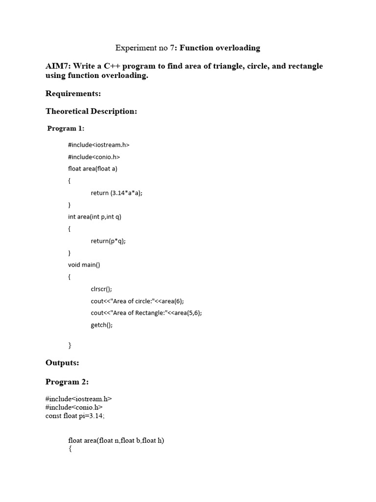 Experiment No 7 Function Overloading In C Pdf 4953