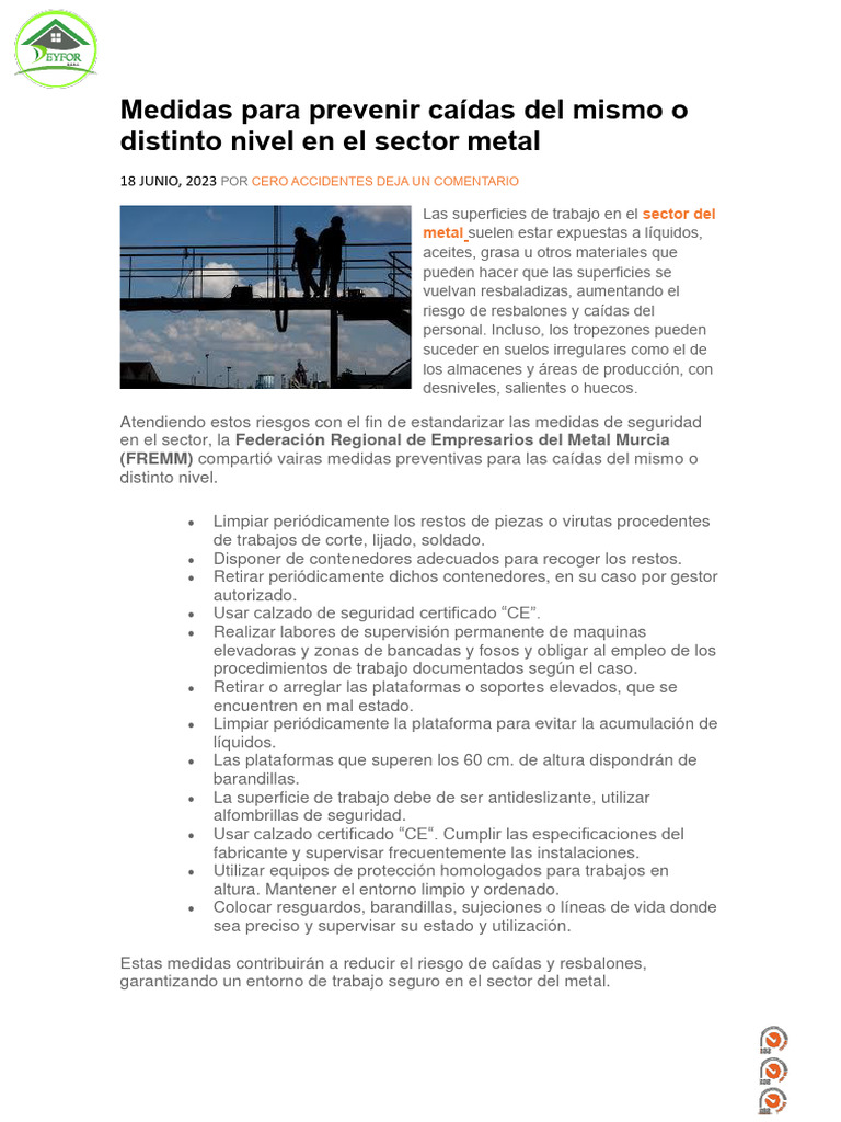 Medidas para Prevenir Caídas Del Mismo o Distinto Nivel en El Sector Metal | PDF