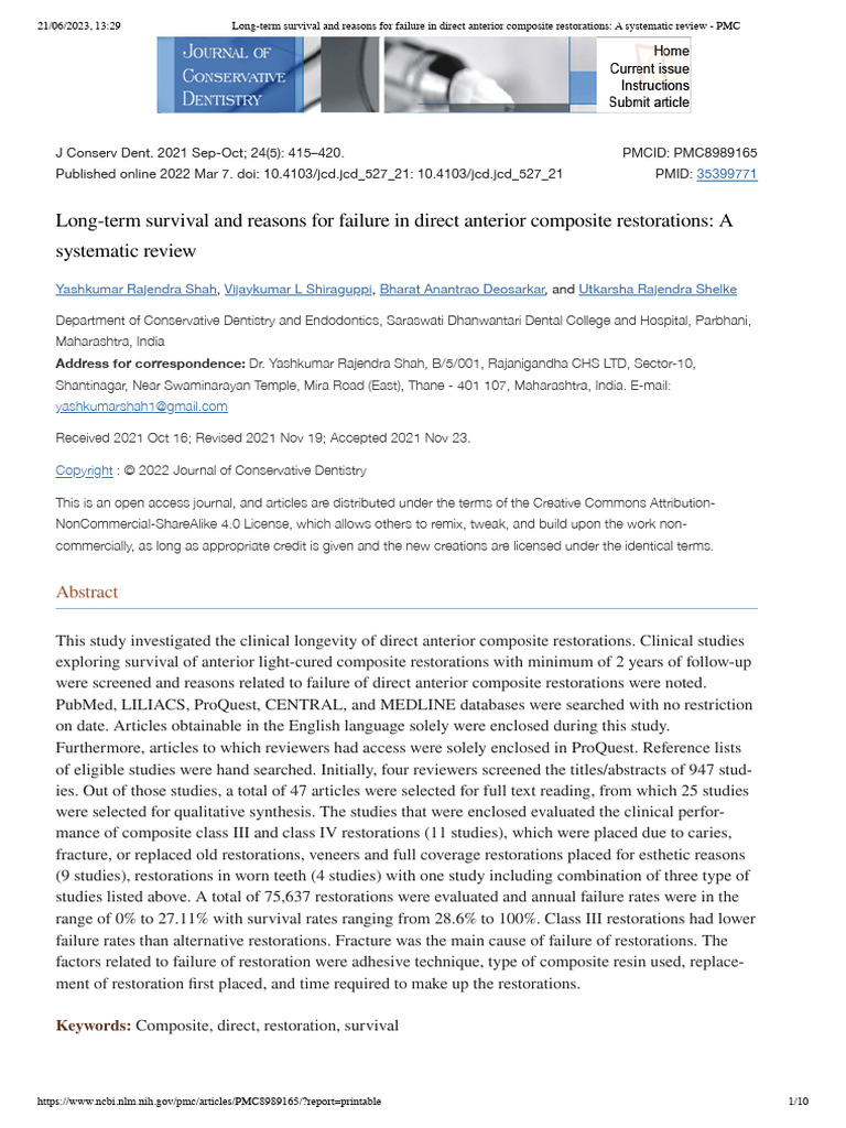 Long-Term Survival and Reasons For Failure in Direct Anterior Composite ...