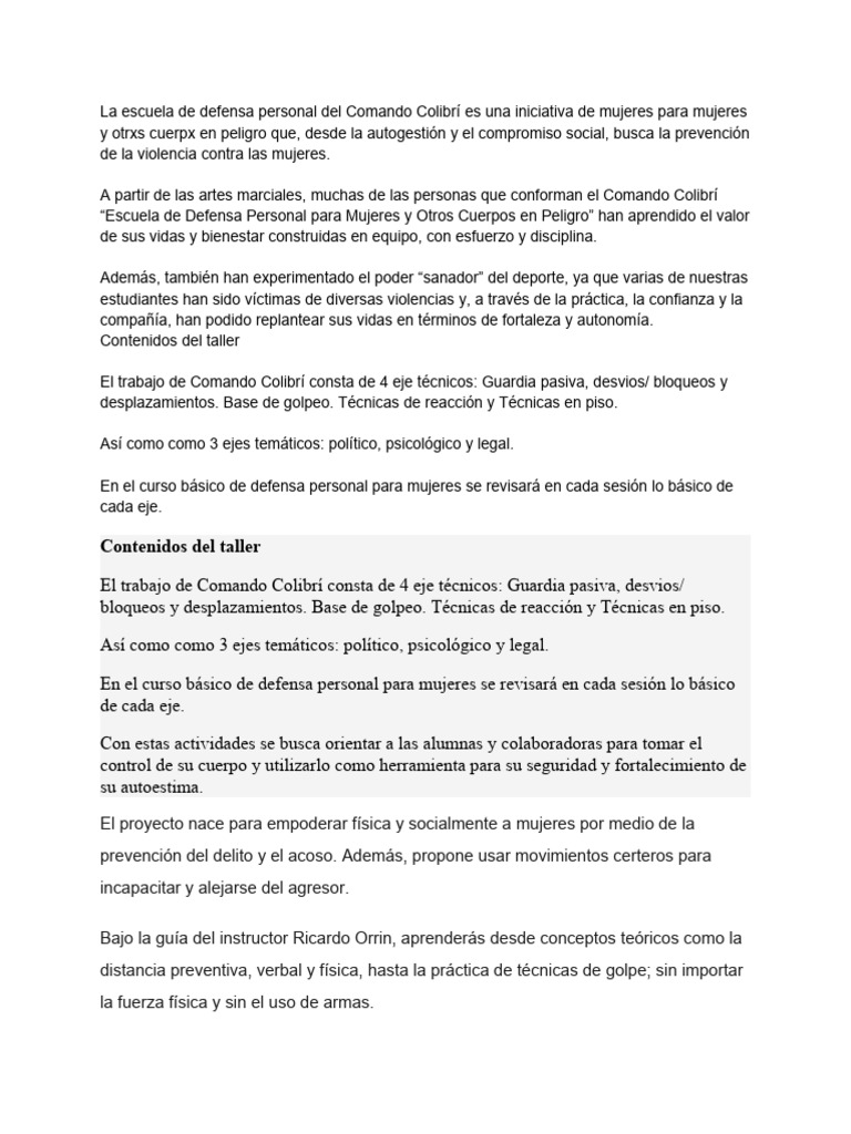 Defensa Personal Femenina: Comando Colibrí | PDF | Autodefensa