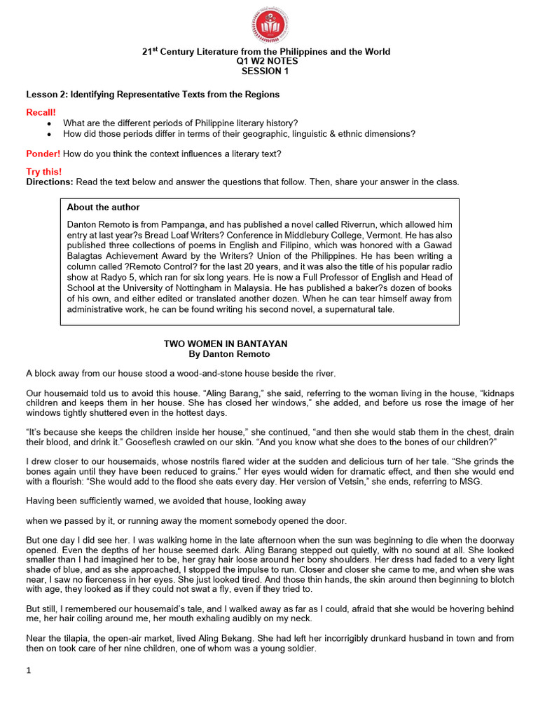 HANDOUT 21st Q1 W2 | PDF | Narrative | Narration