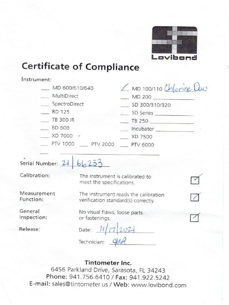 Certificado de Cumplimiento Fotometro MD-100 | PDF