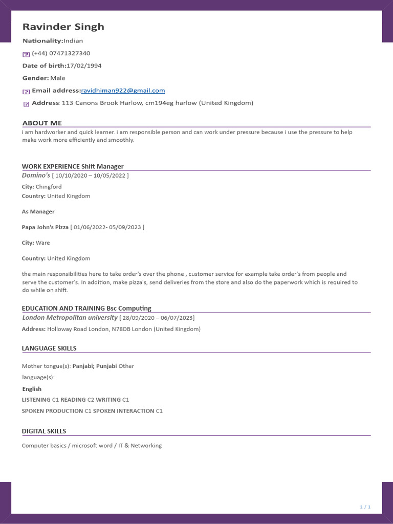 CV Ravinder Singh | PDF