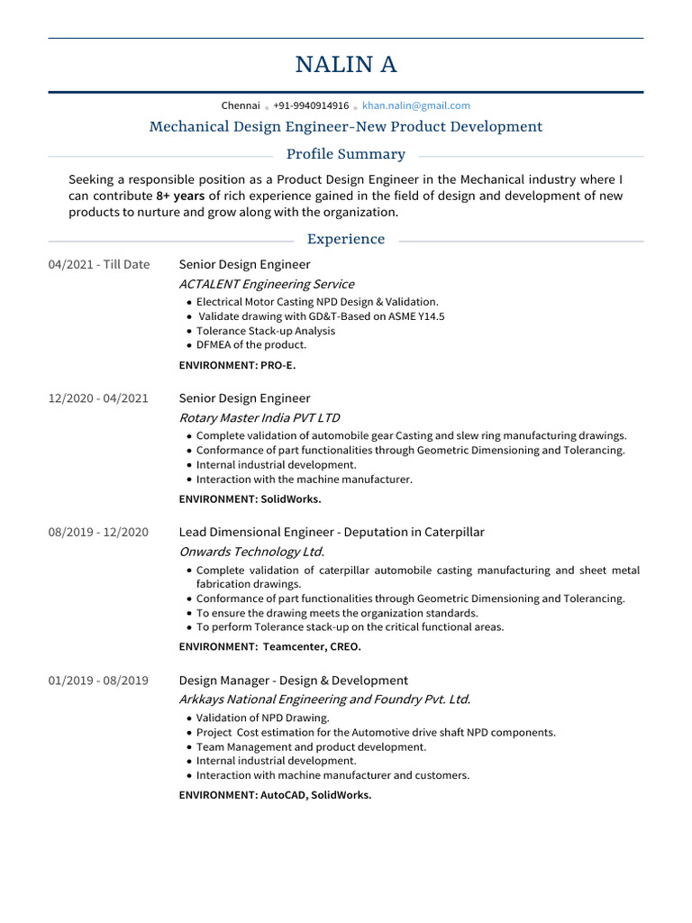 Resume Format of Mechanical Engg | PDF