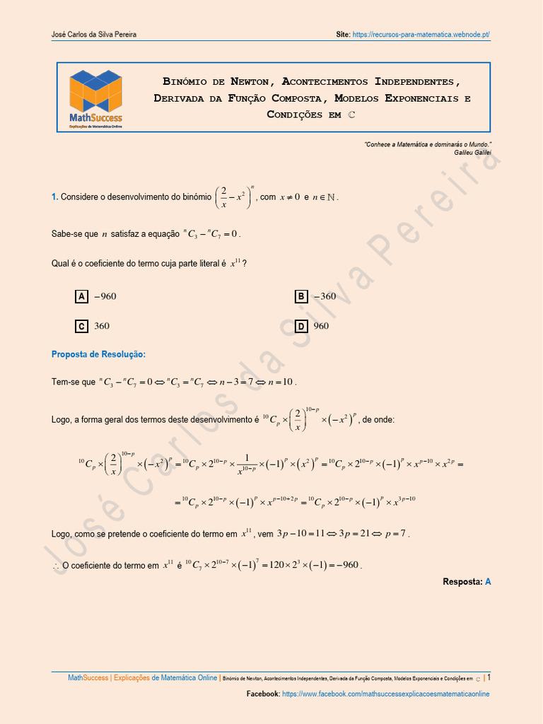 Binómio de Newton, Derivada Da Função Composta e Modelos Exponenciais | PDF