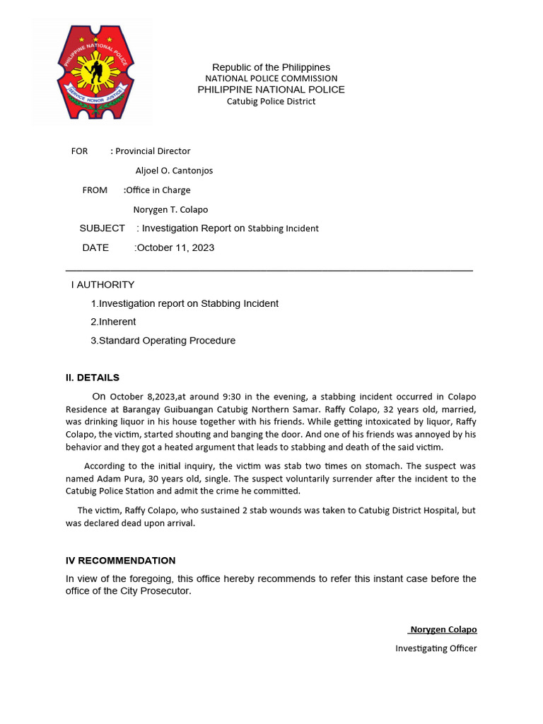 Investigation Report: Stabbing Incident | PDF