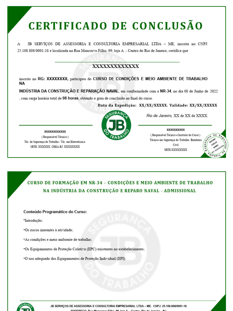 Modelo de Certificado Do Curso de NR 34 | PDF