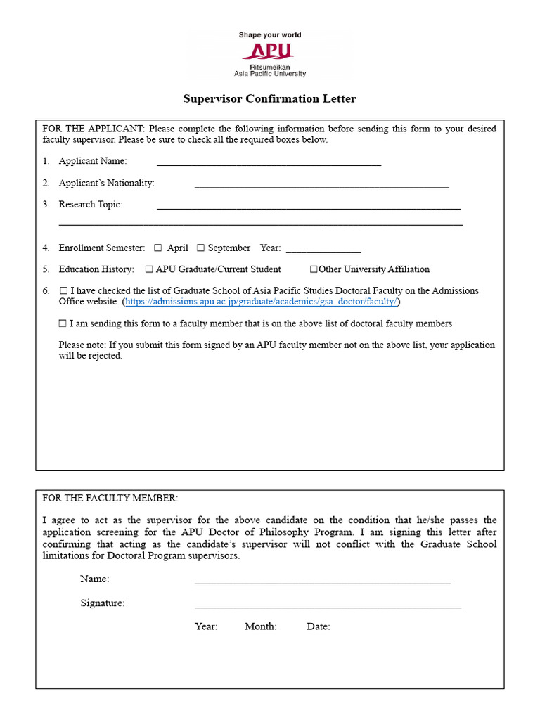 Supervisor Confirmation for PhD Applicant | PDF