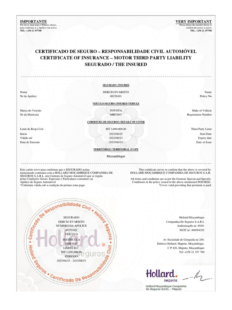 Certificado de Seguro - Responsabilidade Civil Automóvel Certificate of Insurance - Motor Third ...