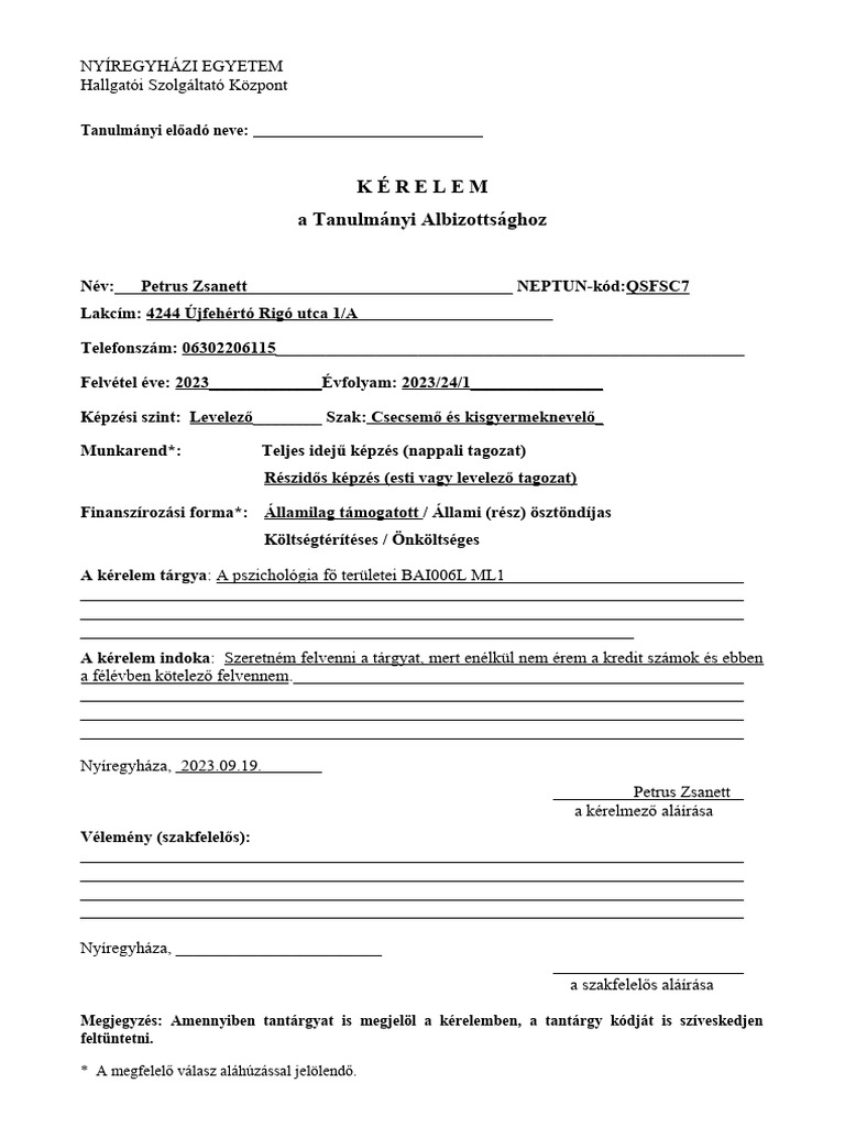 Kérelem A Tanulmányi Albizottsághoz Másolata Másolata | PDF