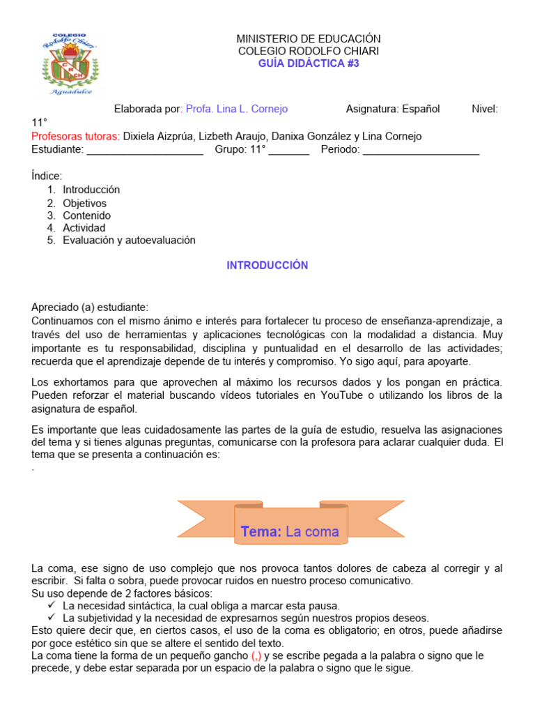 GUIA DIDÁCTICA N°3 SOBRE EL USO DE LA COMA, DANIXA | PDF