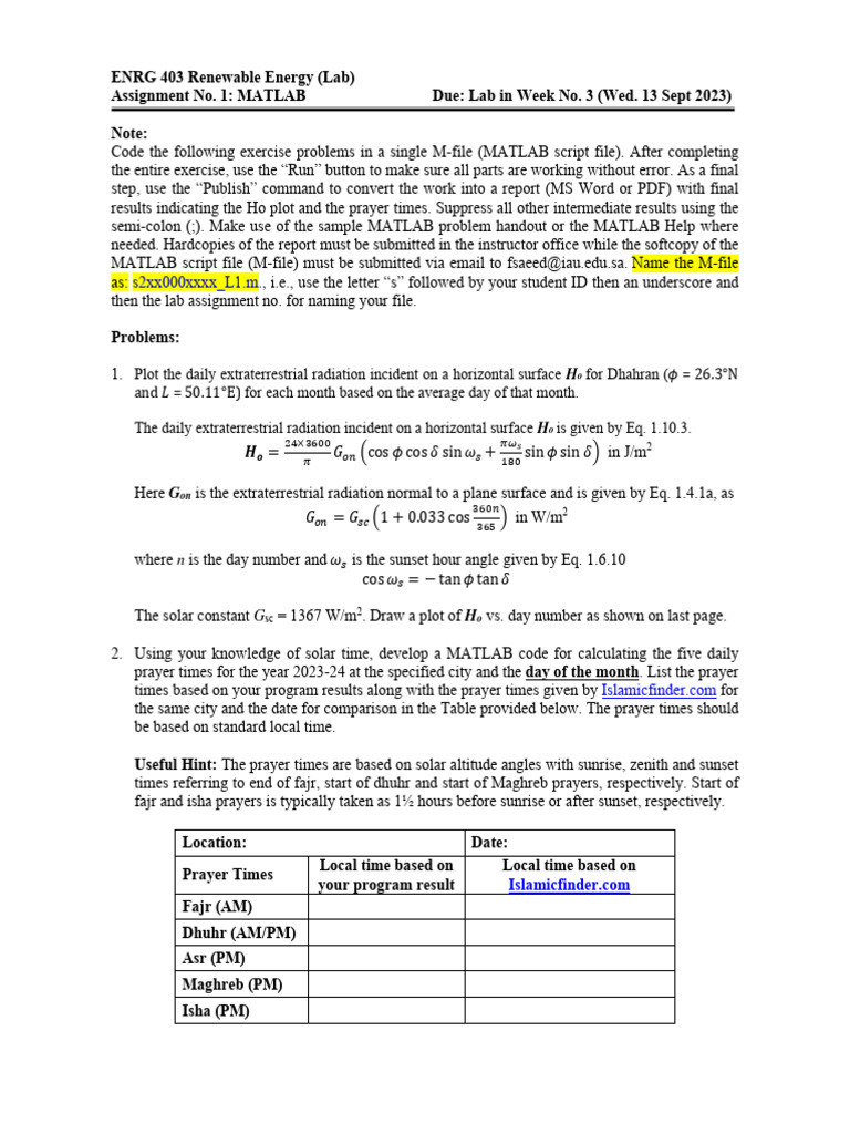 Enrg403 Lab 1 Assignment Matlab | PDF