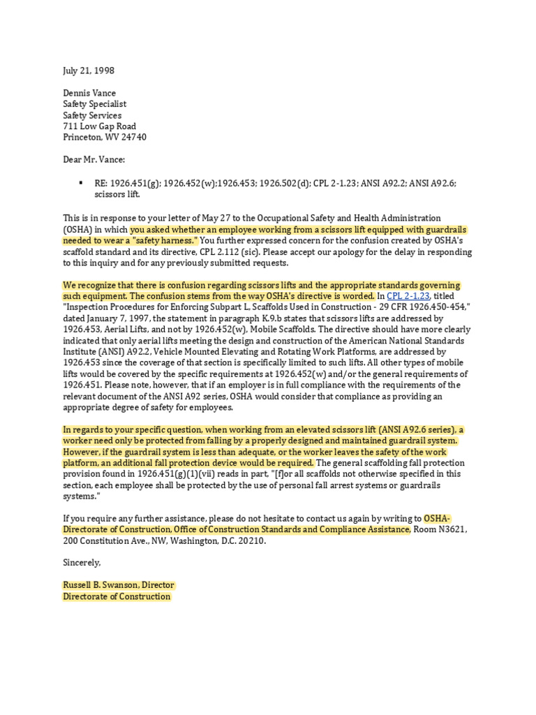 OSHA Safety Letter - Harnesses and Aerial Lifts | PDF | Occupational ...
