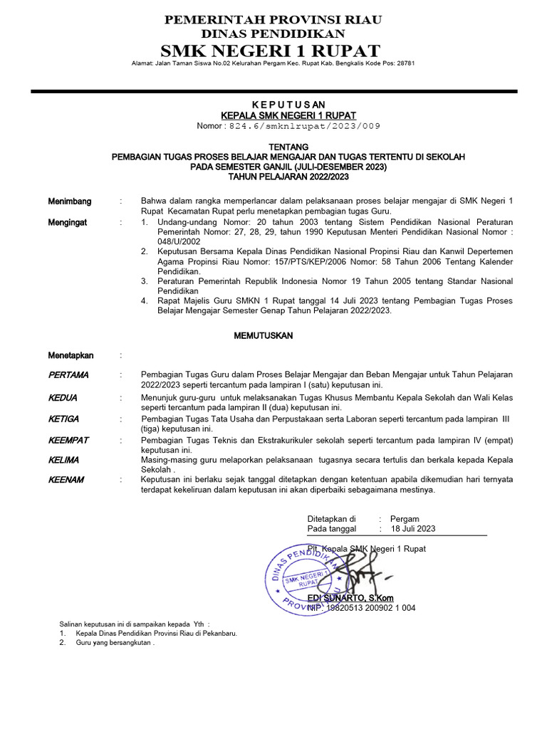 SK PEMBAGIAN TUGAS Ganjil 2023-2024 | PDF