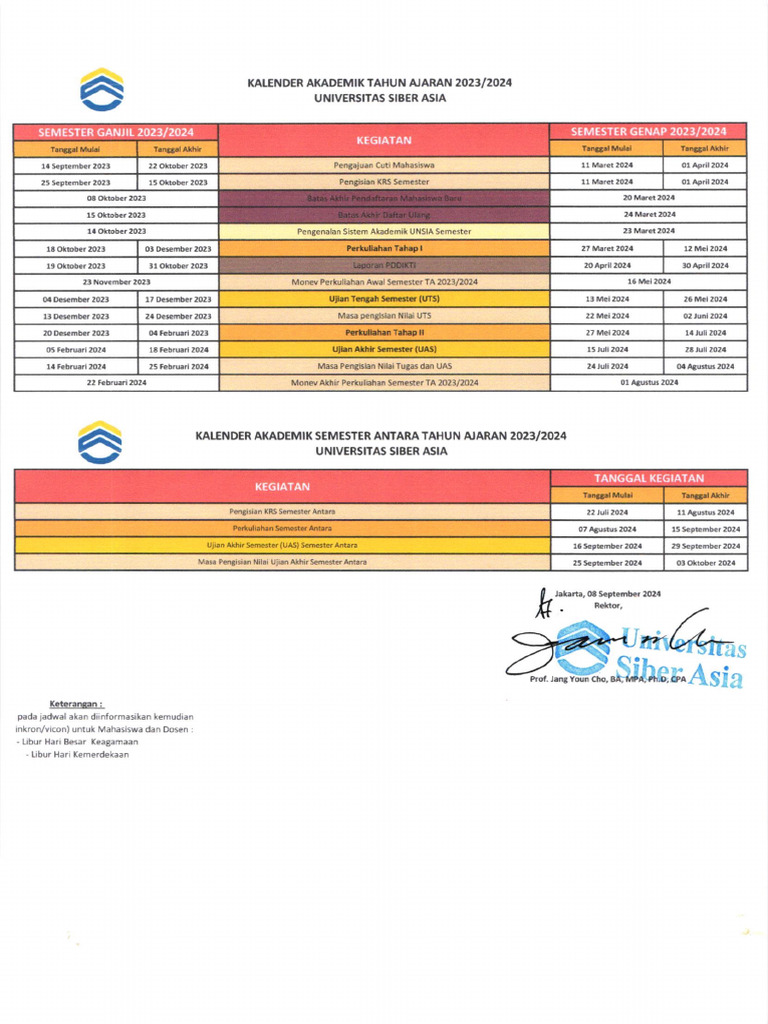 Kalender Akademik UNSIA TA Ganjil-Genap 23.24 | PDF