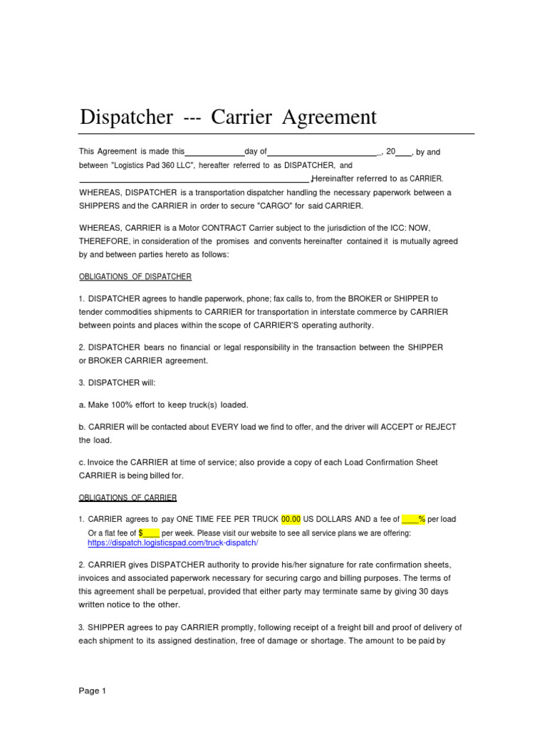 Dispatch - Carrier Agreement 2023 | PDF | Cargo | Service Industries