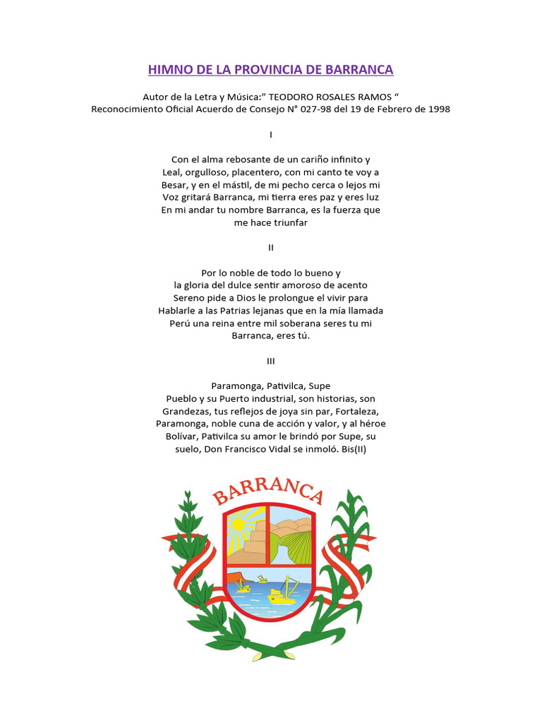 Himno de La Provincia de Barranca | PDF | Perú Himno de La Provincia de Barranca | PDF | Perú