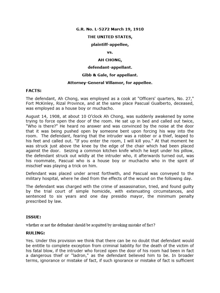 17 US Vs Ah Chong G.R. No. L-5272 | PDF