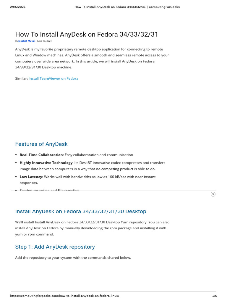 How To Install AnyDesk On Fedora 34 - 33 - 32 - 31 - ComputingForGeeks | Download Free PDF ...