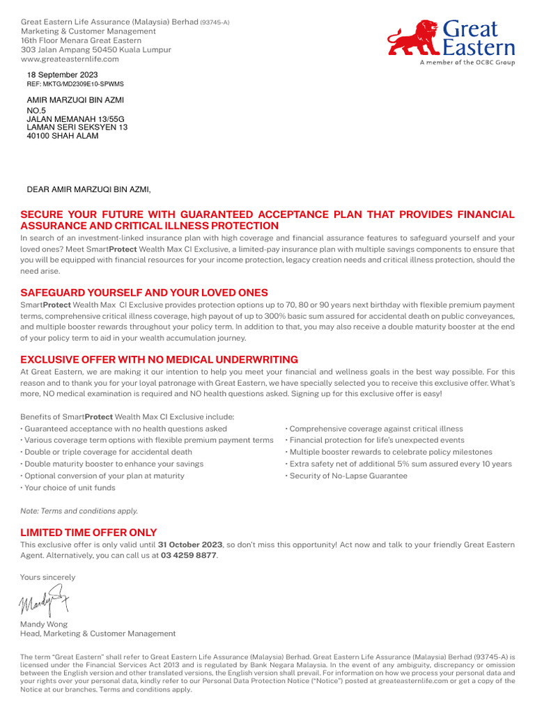 SmartProtect Wealth Max CI Exclusive Campaign - Letter - R1 | PDF ...