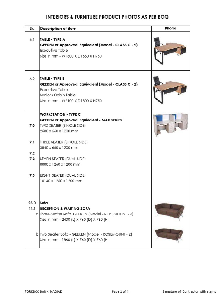 Interiors & Furniture Product Photos As Per Boq: Sr. Description of ...