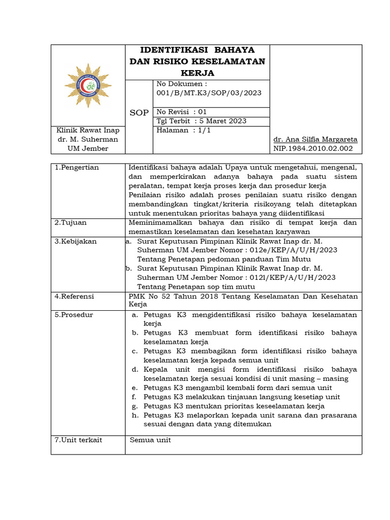 Sop 001 IDENTIFIKASI BAHAYA DAN RISIKO KESELAMATAN KERJA S1 | PDF
