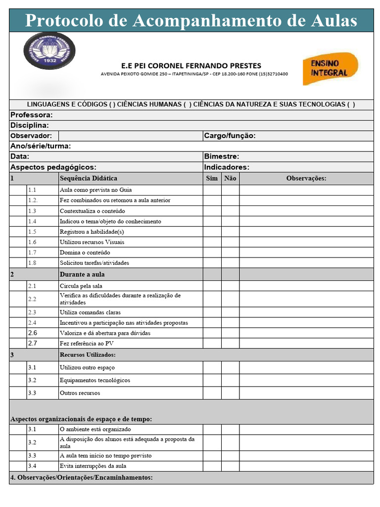 Protocolo de Acompanhamento de Aulas | PDF