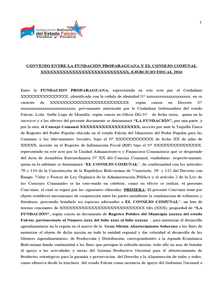 Modelo de Convenio Consejo COmunal - PROPARAGUANA | PDF