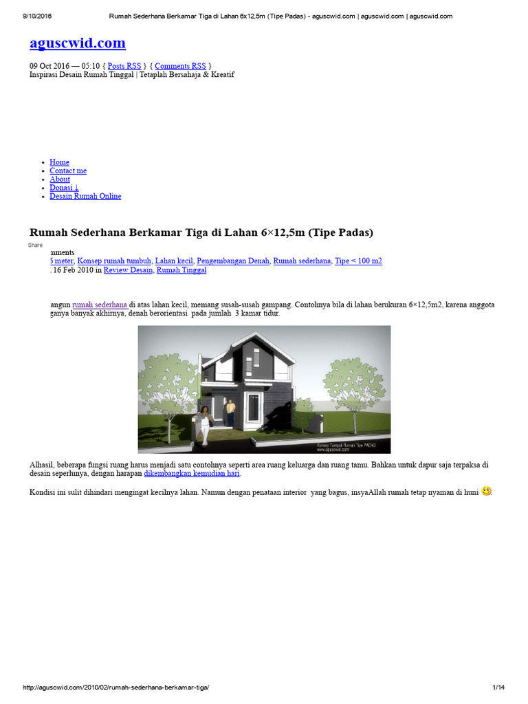 Rumah Sederhana Berkamar Tiga Di Lahan 6x12,5m (Tipe Padas) - Aguscwid ...