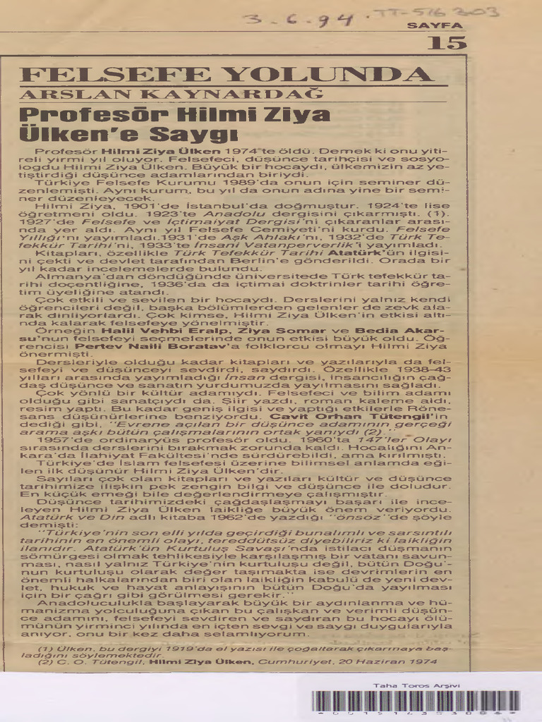Arslan Kaynardağ - Felsefe Yolunda Profesör Hilmi Ziya Ülken | PDF