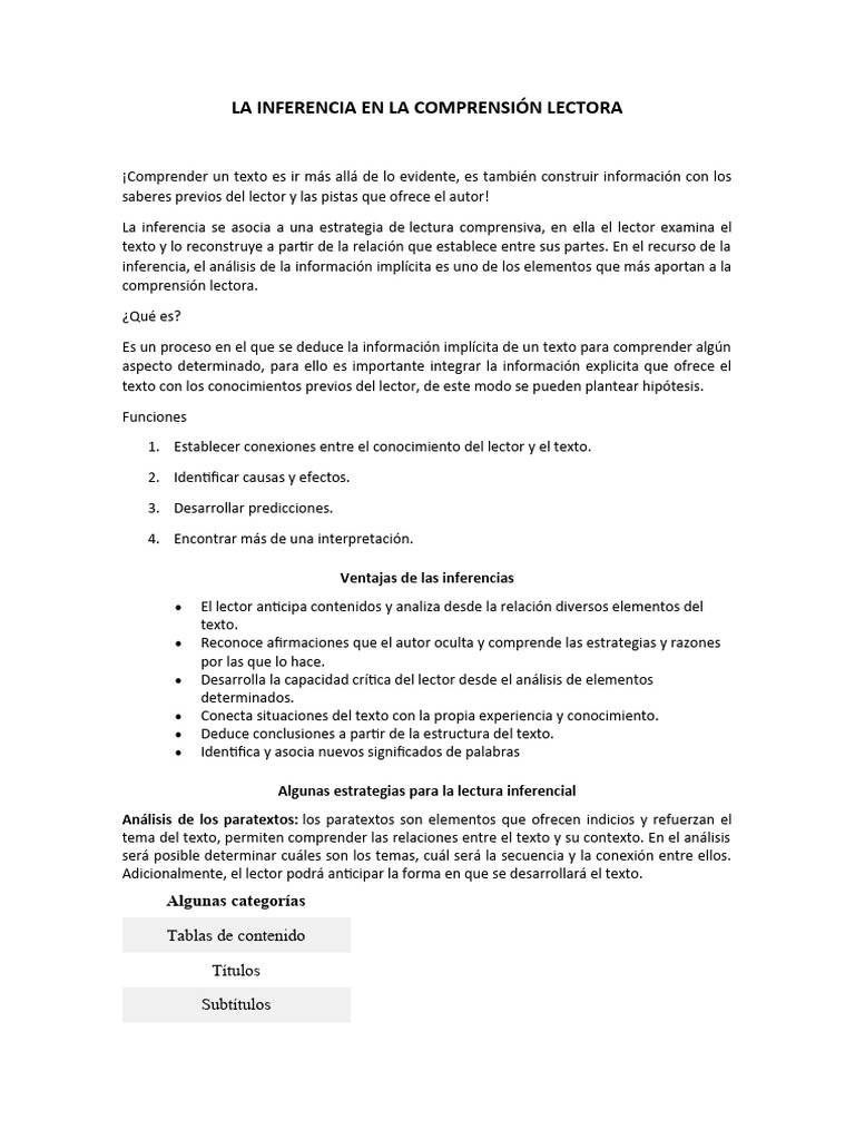 La Inferencia En La Comprensión Lectora Pdf
