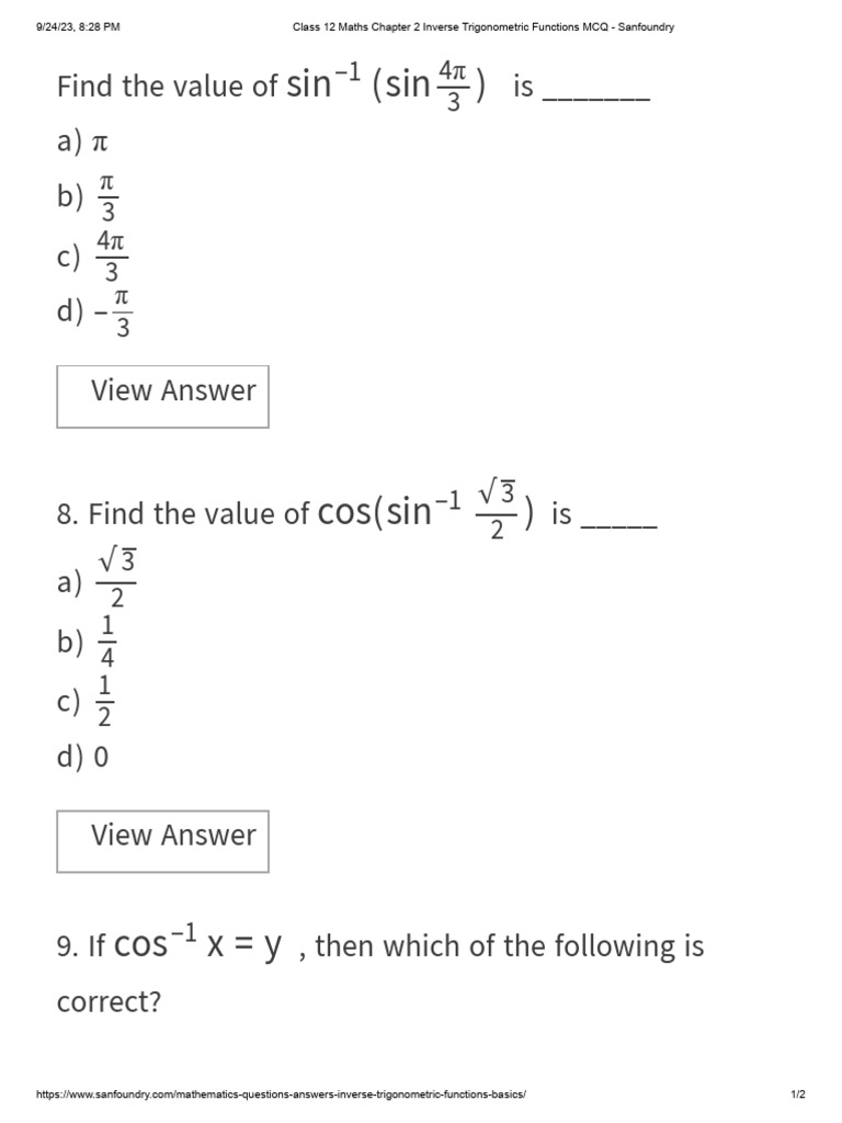 Class 12 Maths Chapter 2 Inverse Trigonometric Functions MCQ | PDF