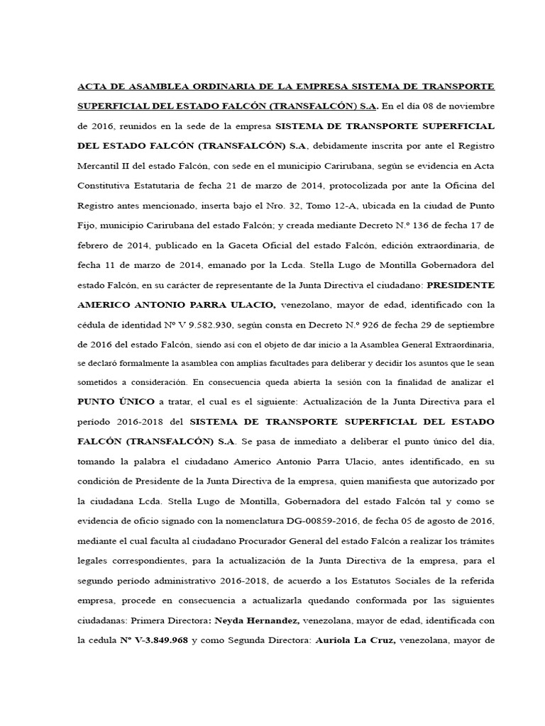 Acta de Asamblea Extr. TRANSFALCÓN | PDF | Gobierno