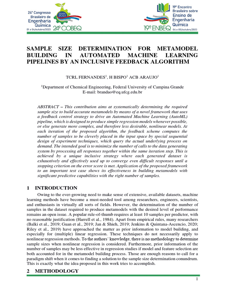 971 Sample Size Determination For Metamodel Building In Automated Machine Learning Pipelines By