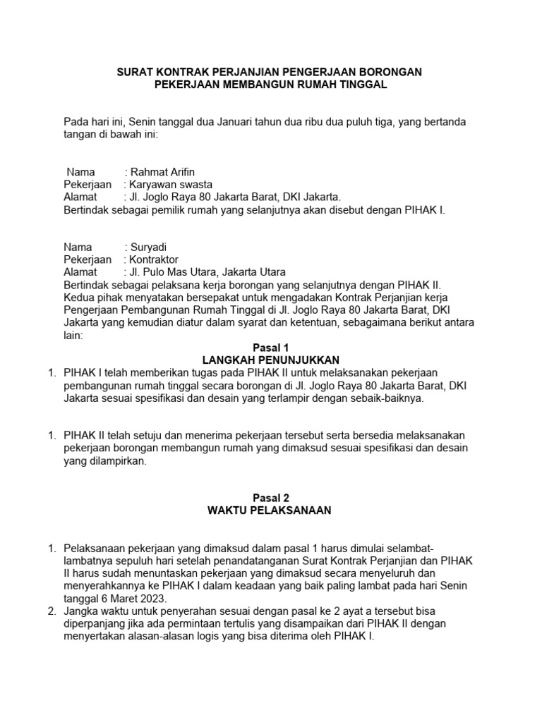 Surat Kontrak Perjanjian Pengerjaan Borongan Pekerjaan Membangun Rumah Tinggal | PDF
