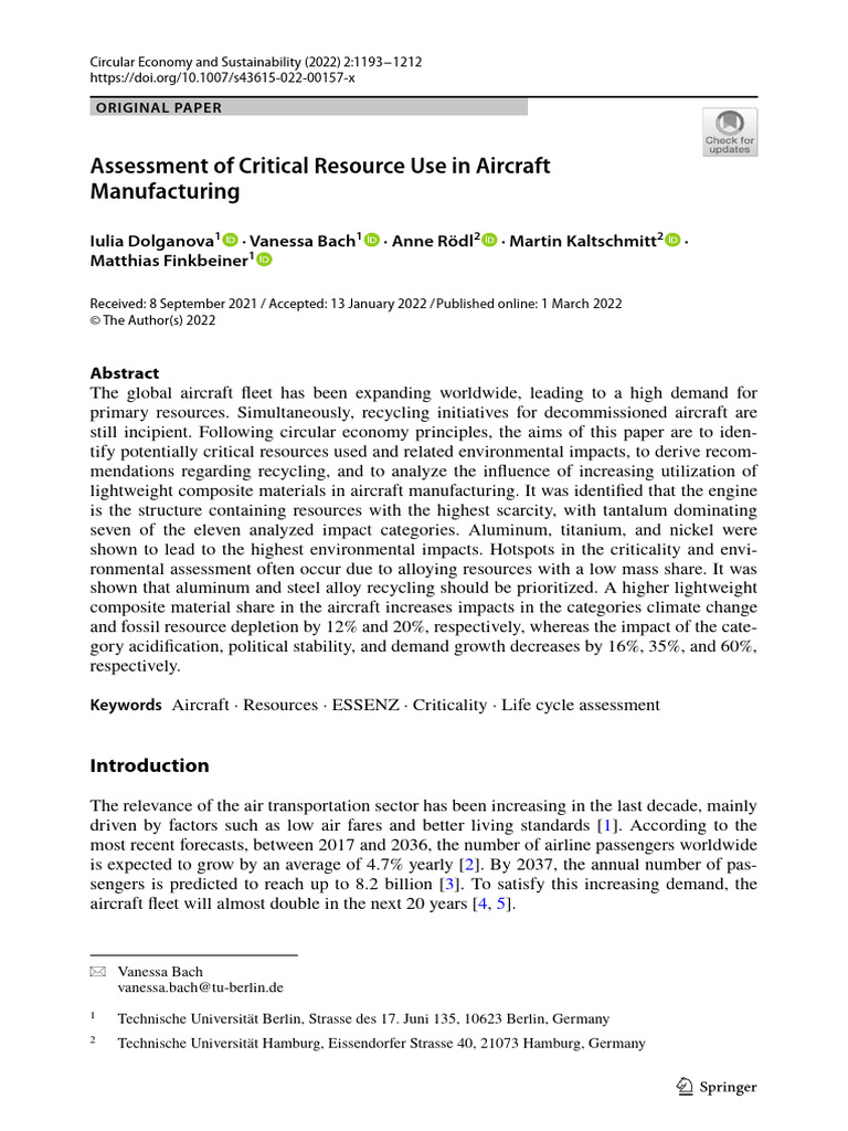 Assessment of Critical Resource Use in Aircraft Manufacturing | PDF