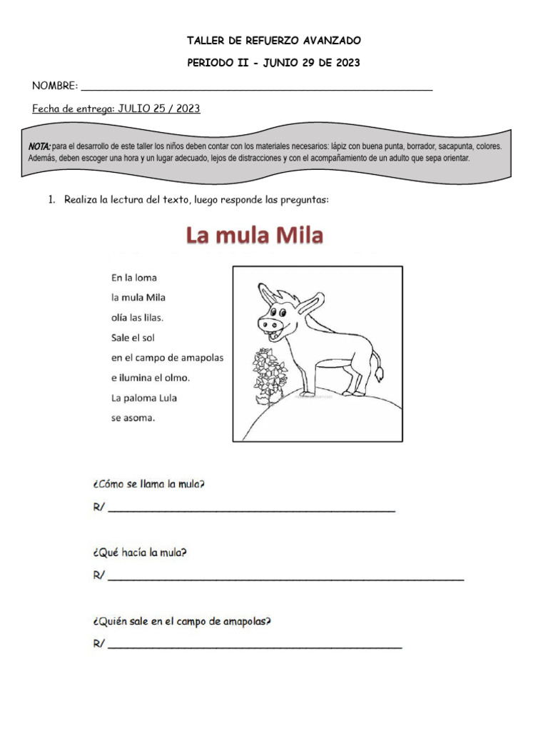 Taller de Refuerzo Grado Primero Segundo Periodo | PDF