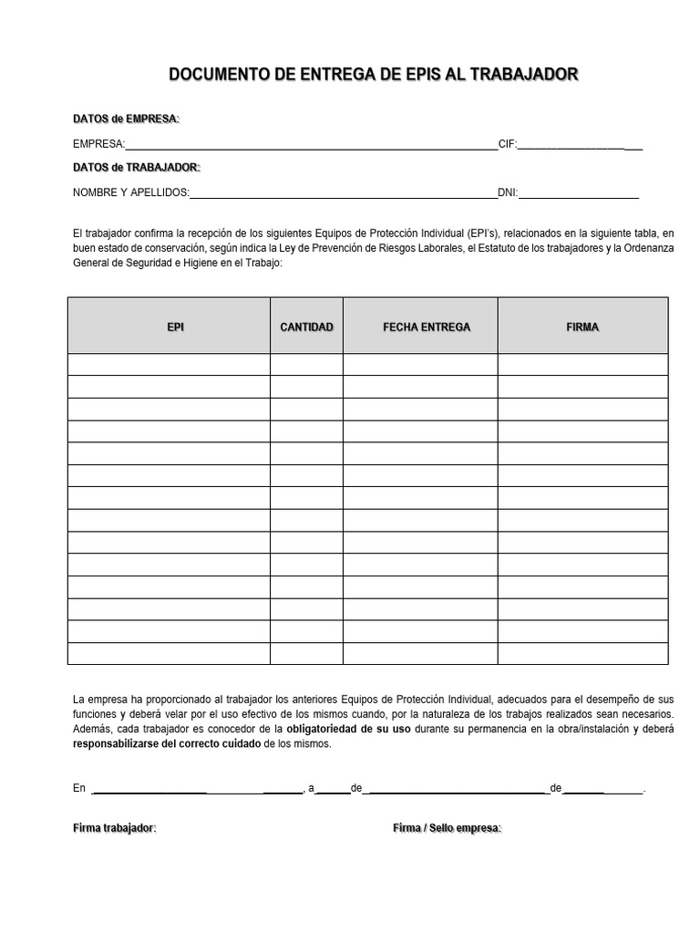 Documento de Entrega de EPIs al Trabajador | PDF