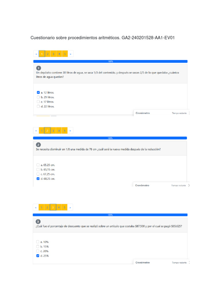 Cuestionario Procedimientos Aritméticos. GA2 240201528 AA1 EV01 | PDF