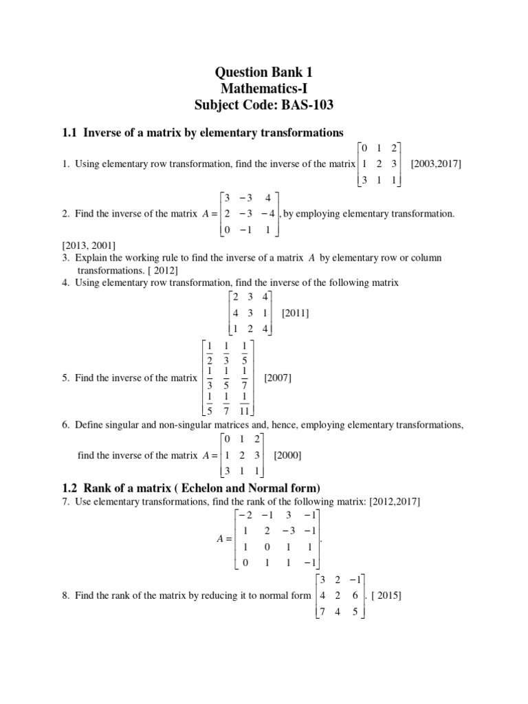 Question Bank 1 | PDF | Eigenvalues And Eigenvectors | Matrix (Mathematics)