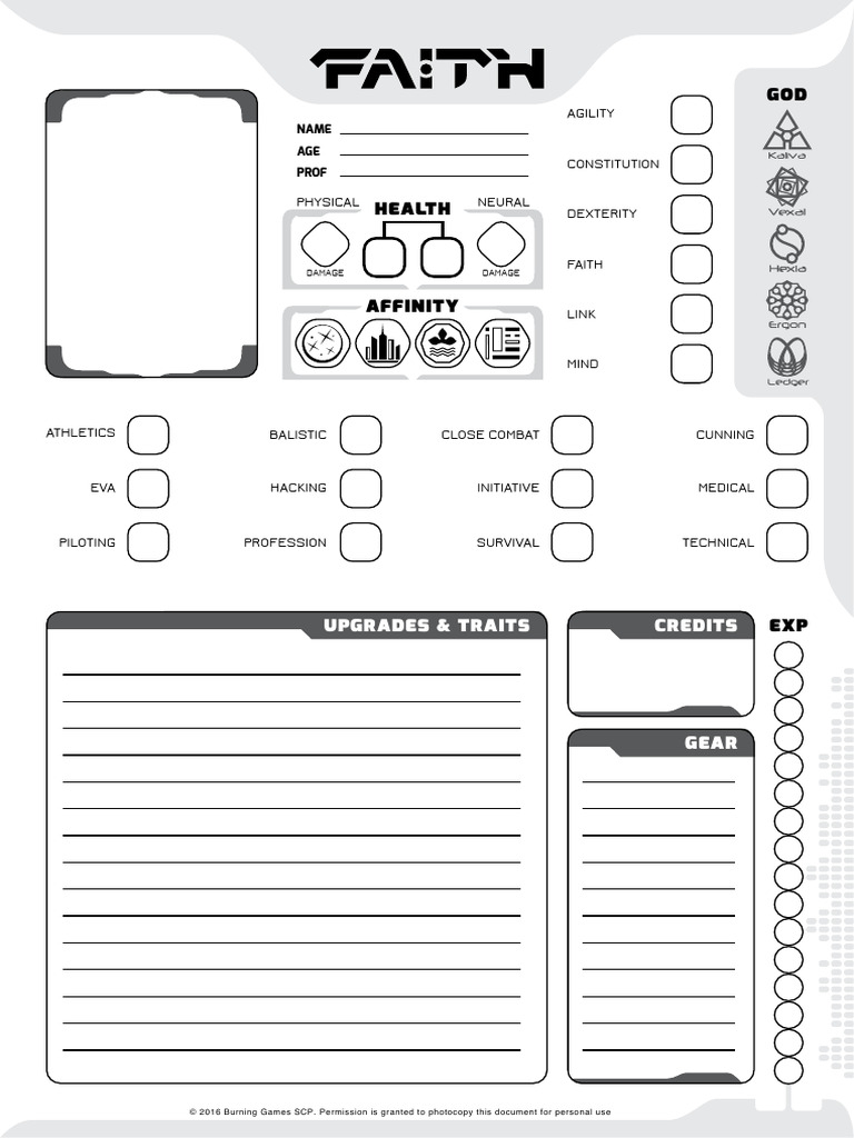 En FAITH The Sci-Fi RPG Character Sheet Printer Friendly | PDF