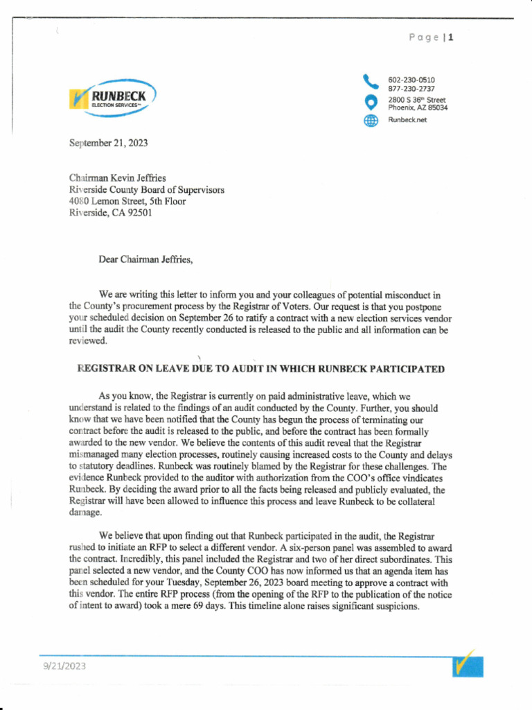 Runbeck Election Services Letter To Riverside County | PDF