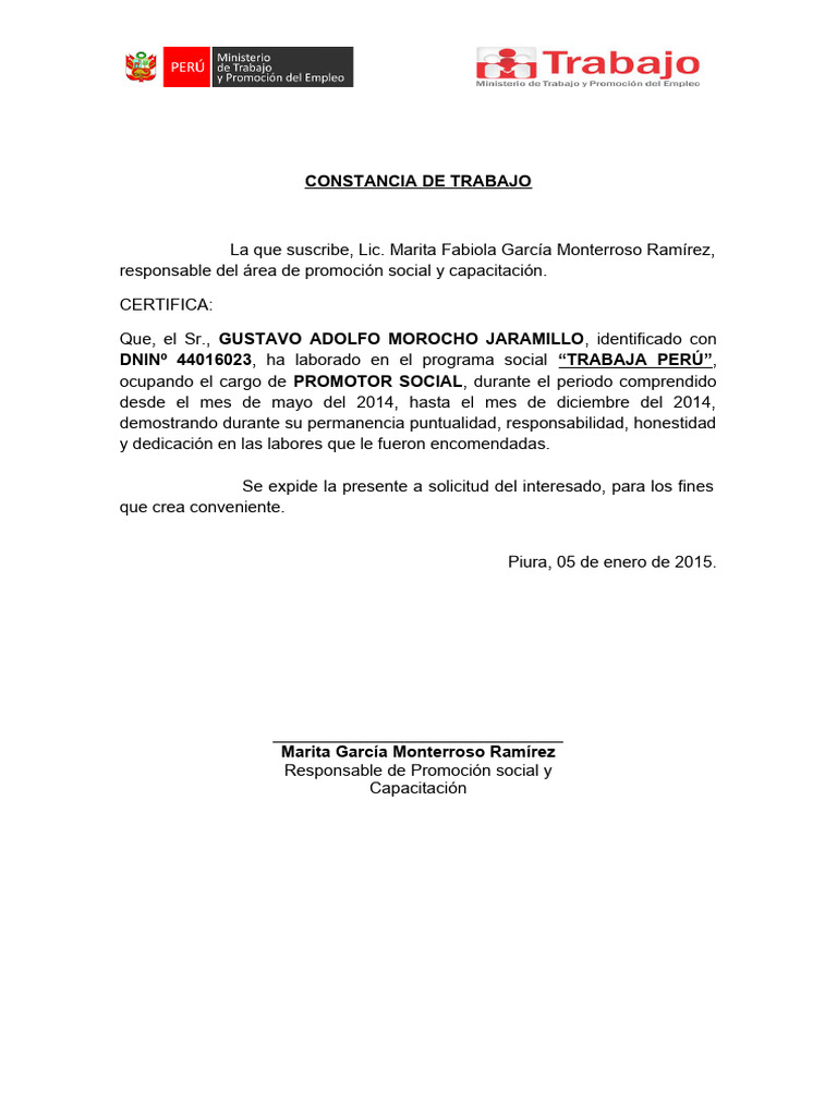 CONSTANCIA DE TRABAJO - Trabaja Peru | PDF