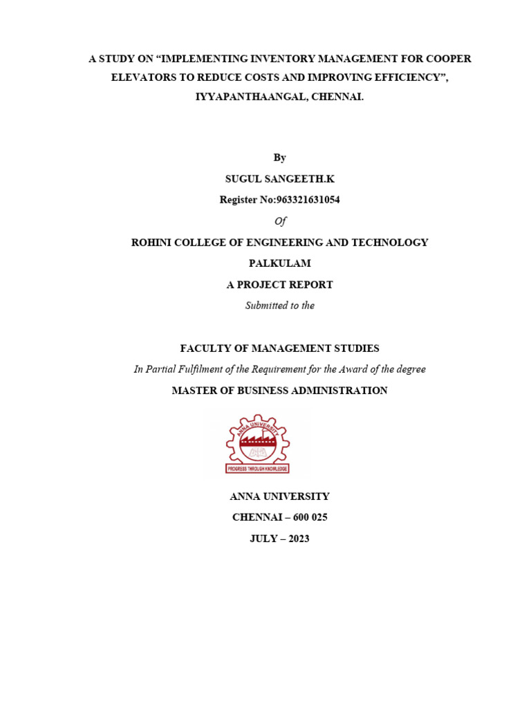 MBA SUPPLY CHAIN AND LOGISTICS MANAGED Final Project Anna University A STUDY IMPLEMENTING ...
